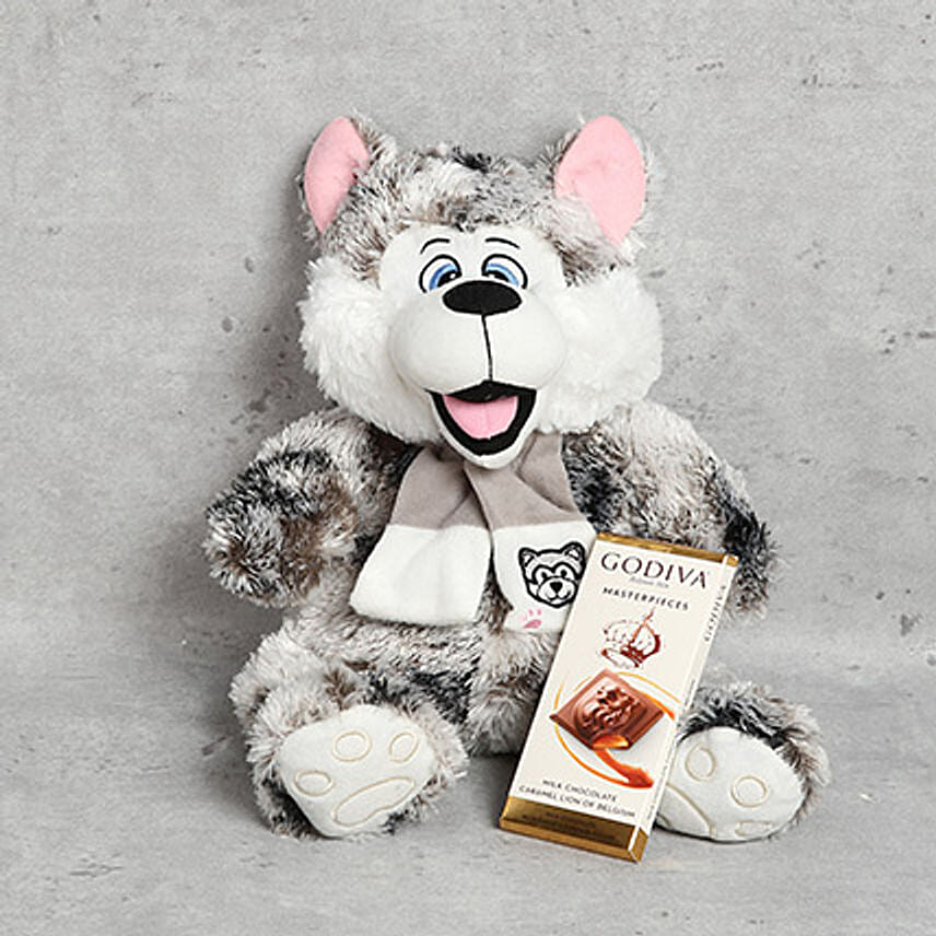 Online Cute Dog Soft Toy and Godiva Chocolate Bar Set Gift Delivery in ...
