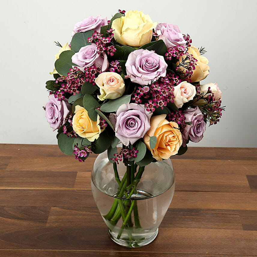 Online Mixed Rose and Wax Flower Arrangement In Glass Vase Gift ...
