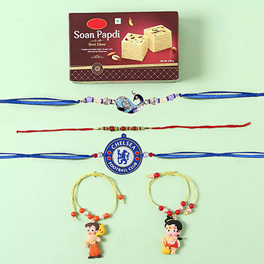 Online Assorted 5 Rakhi Set and Soan Papdi Gift Delivery in UAE - FNP