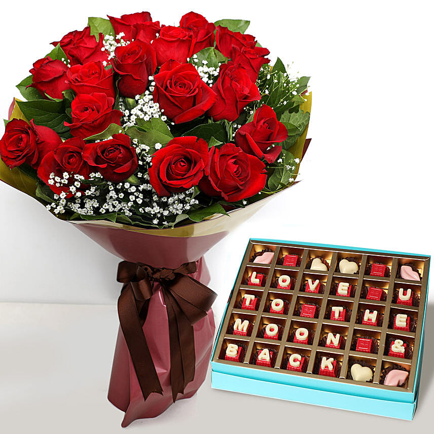 Online 20 Red Roses Bouquet with Valentines Chocolates Gift Delivery in ...