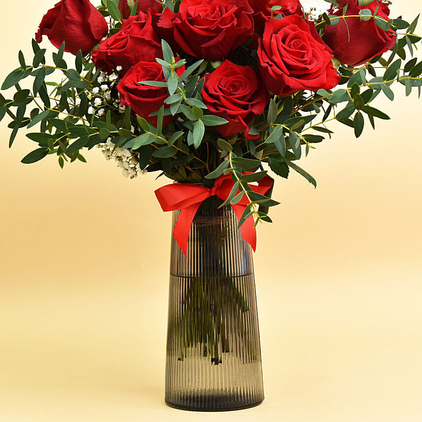Online 12 Red Rose in Premium Vase Gift Delivery in UAE - FNP