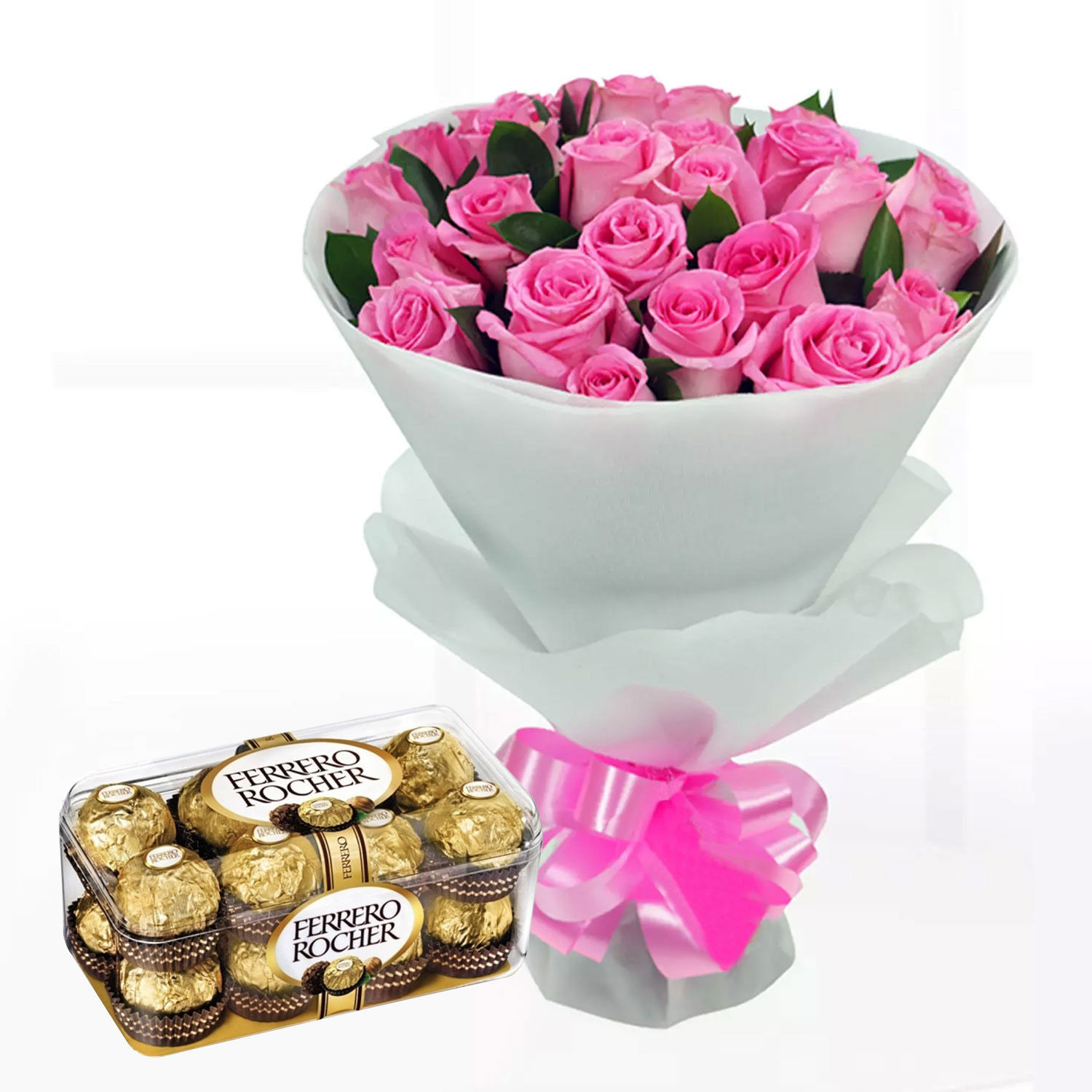 Online Delicate Pink Roses & Ferrero Rocher 16 Pcs Gift Delivery in ...