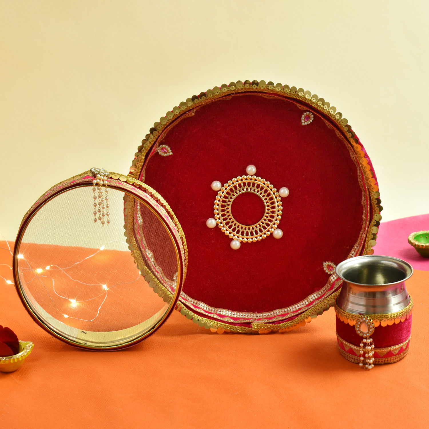 Online Beautiful Maroon Karwa Chauth Pooja Thali Set Gift Delivery in ...